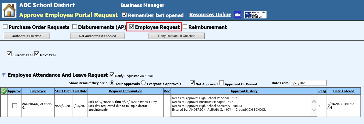 Approve Employee Portal Request